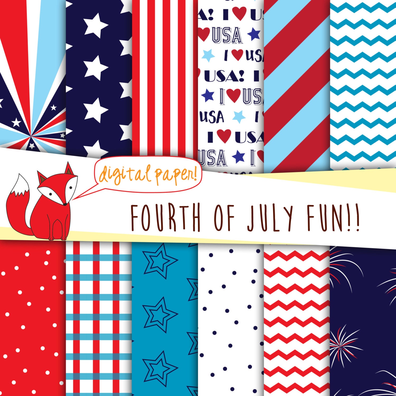 Fourth of July Digital Paper Patriotic Paper Pack American Flag Paper ...