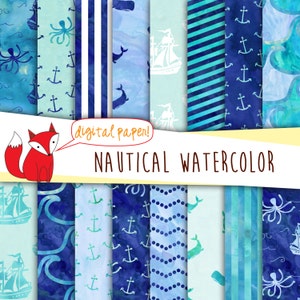Nautical Digital Paper Blue Watercolor ~ Ocean Theme Printable~ Anchors ...