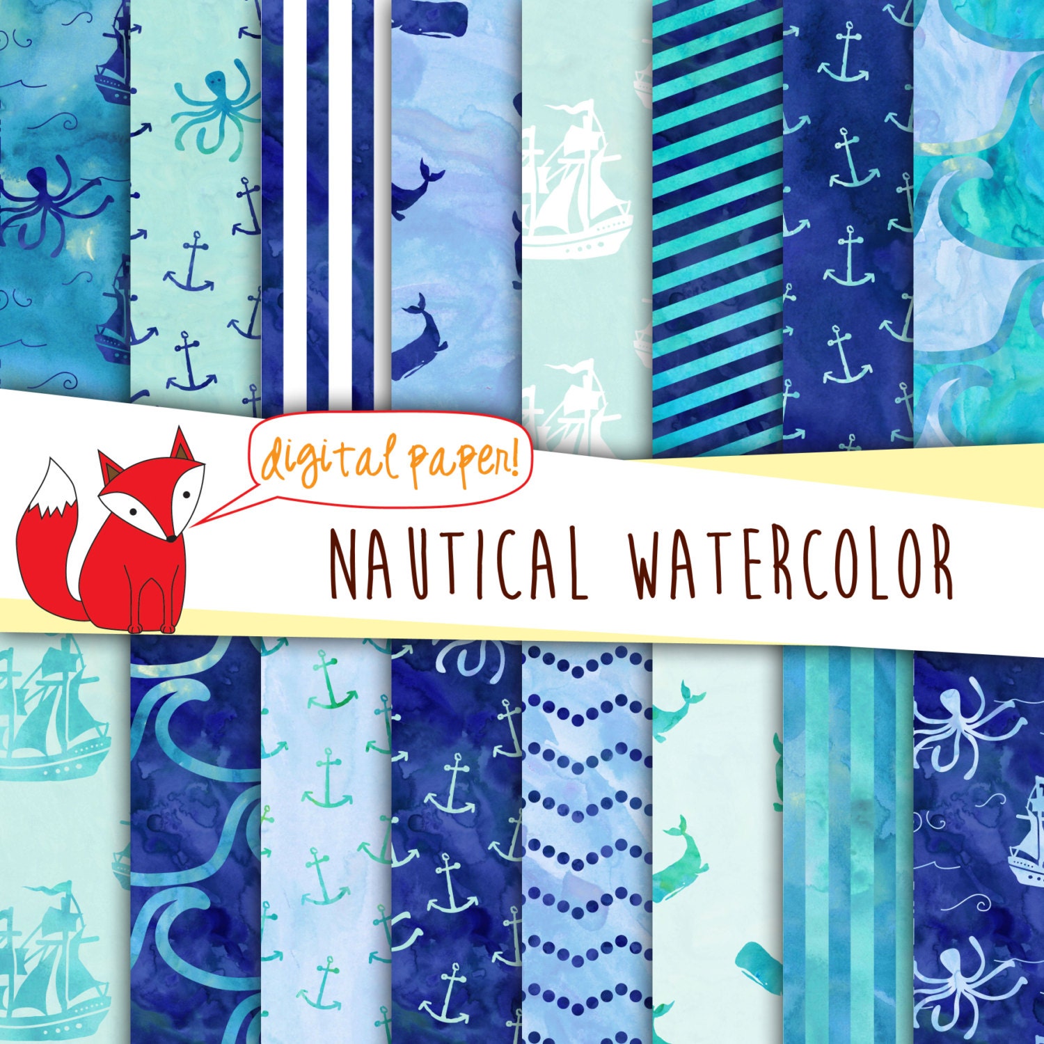 Nautical Digital Paper Blue Watercolor Ocean Theme - Etsy
