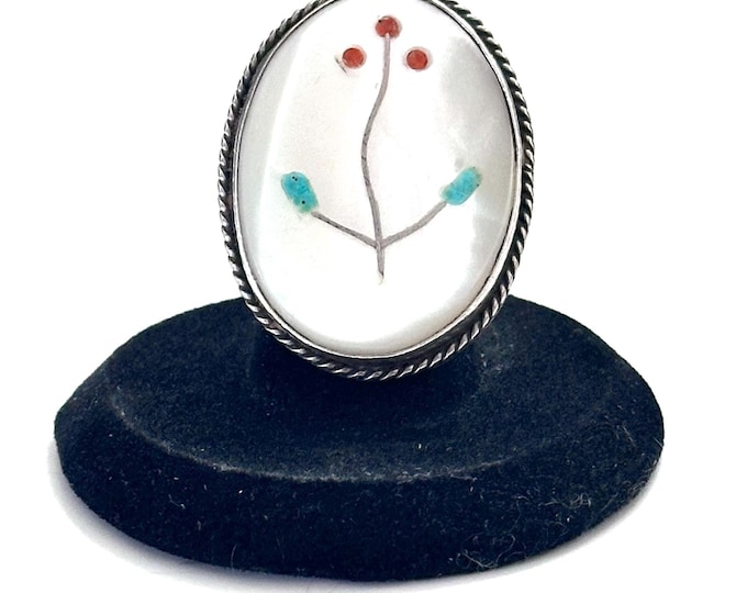 Size 6, Vintage Sterling Silver & Mother of Pearl Inlay Ring (zuni ...