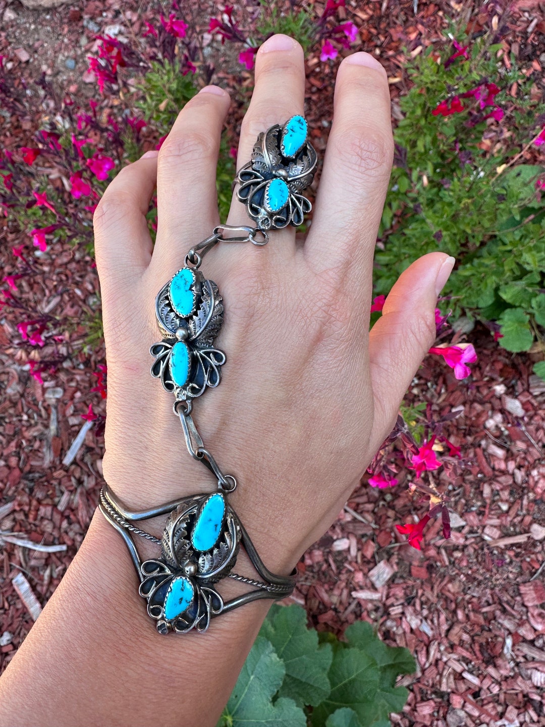 Vintage Navajo Sterling Silver Turquoise Slave Cuff Bracelet & Ring by ...