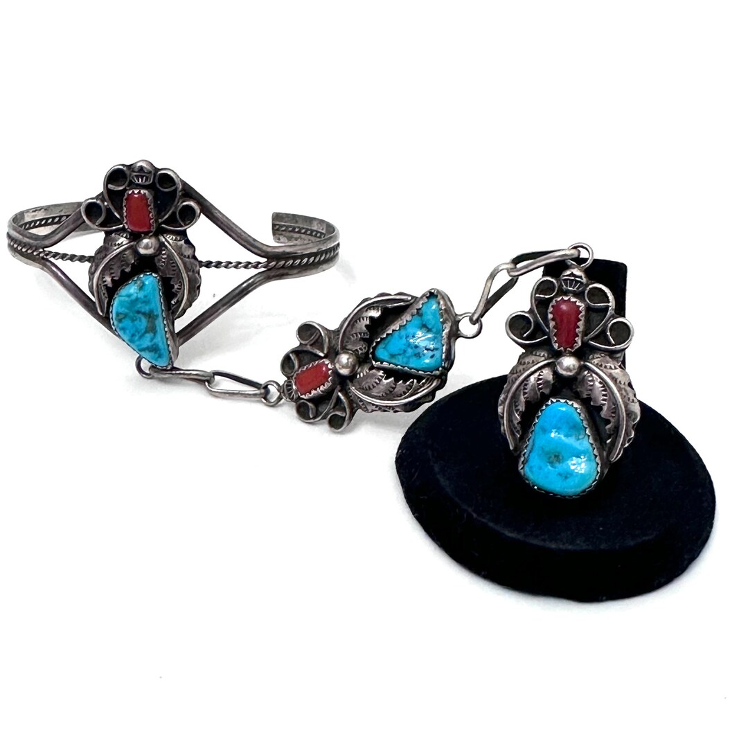 Vintage Navajo Sterling Silver Turquoise and Coral Slave Cuff Bracelet & Ring by Harry B. Yazzie ...