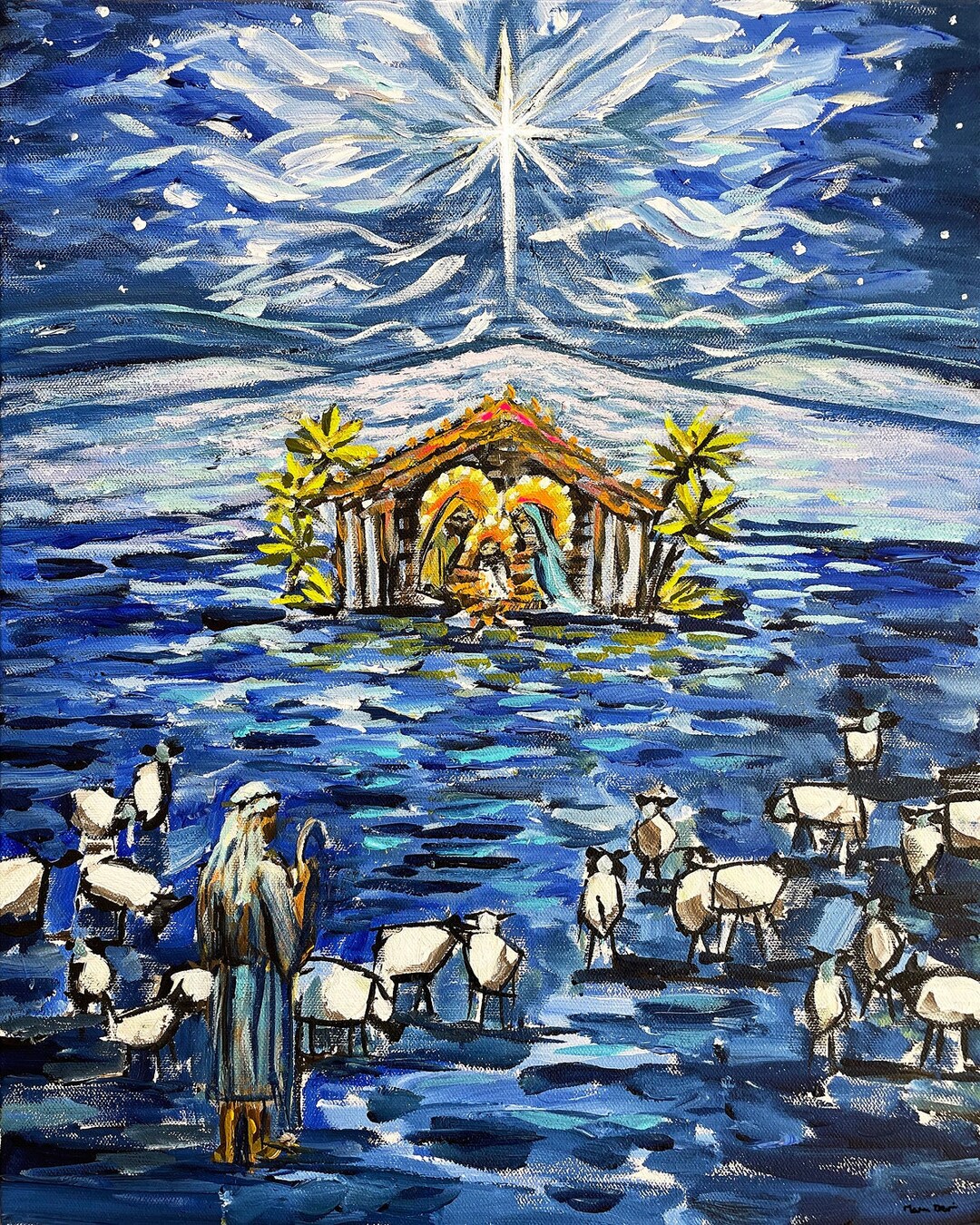 Nativity With Sheep Print, Christmas Art, Maren Devine Art - Etsy