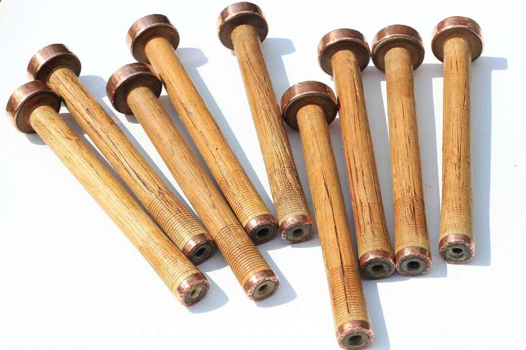 Antique Vintage Wooden Bobbins, Brass Rings, Made in England, 8 X 1 1/2 ...