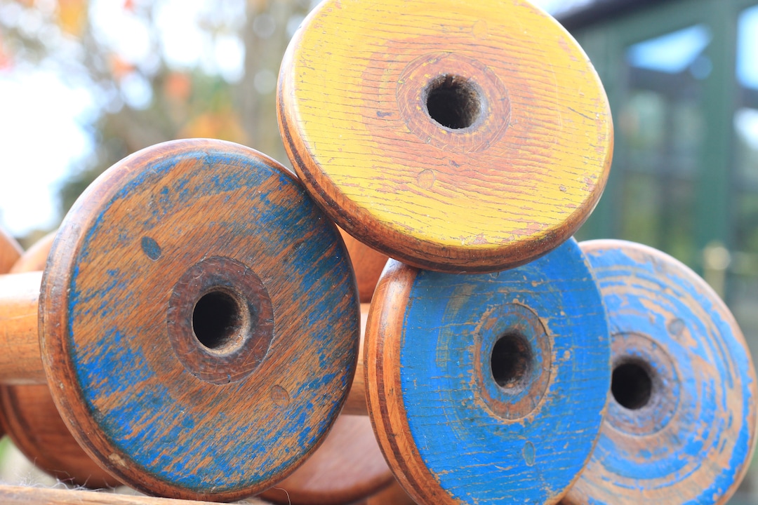 Vintage Antique Wooden Weaving Mill Spinning Bobbins, Yellow / Blue ...