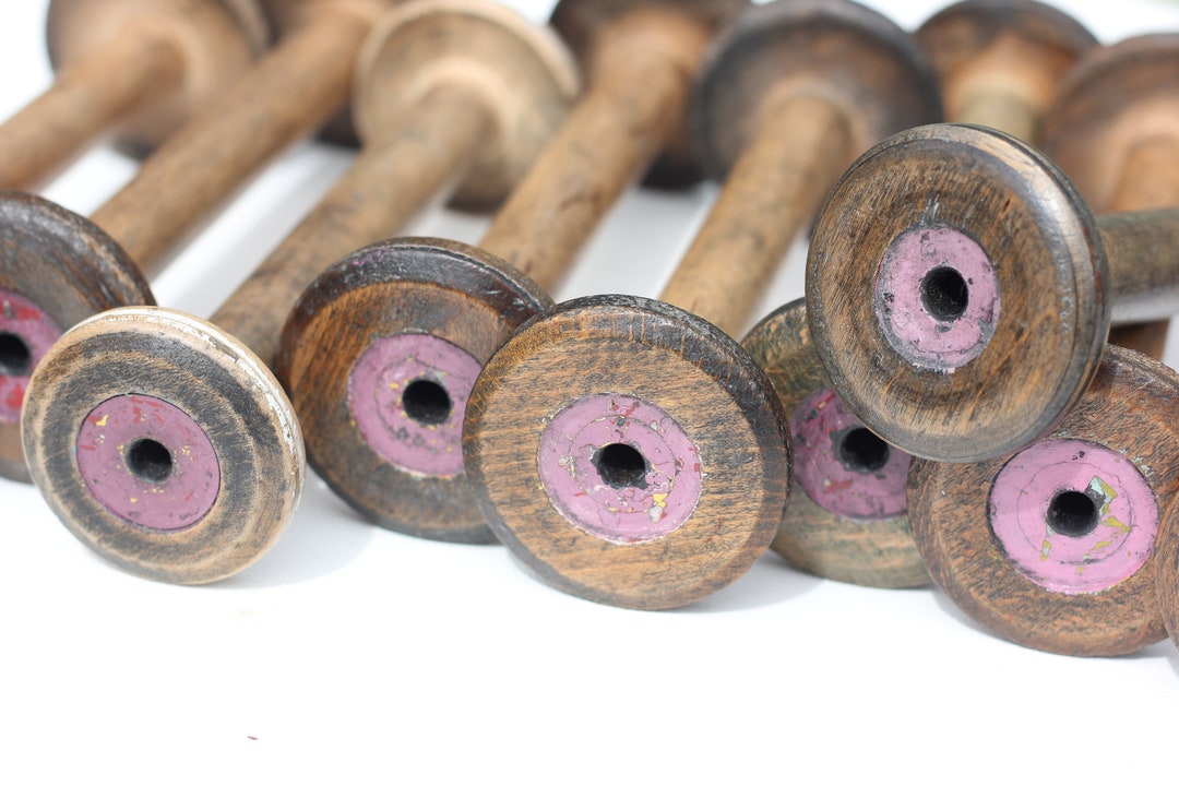 Vintage Antique Wooden Bobbins, Original Pink Paint Patina, 7", Cleaned ...