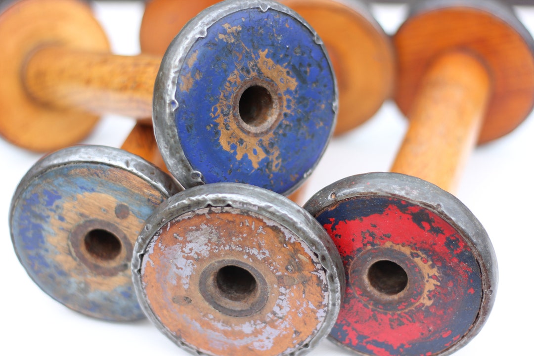 Vintage Antique Wooden Mill Bobbins, Metal Bound Original Patina ...