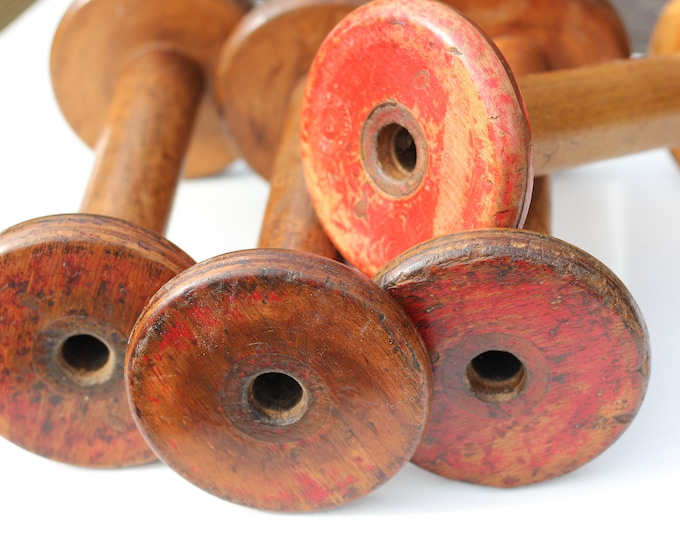 Vintage Antique Wooden Weaving Mill Spinning Bobbins, Original RED or ...