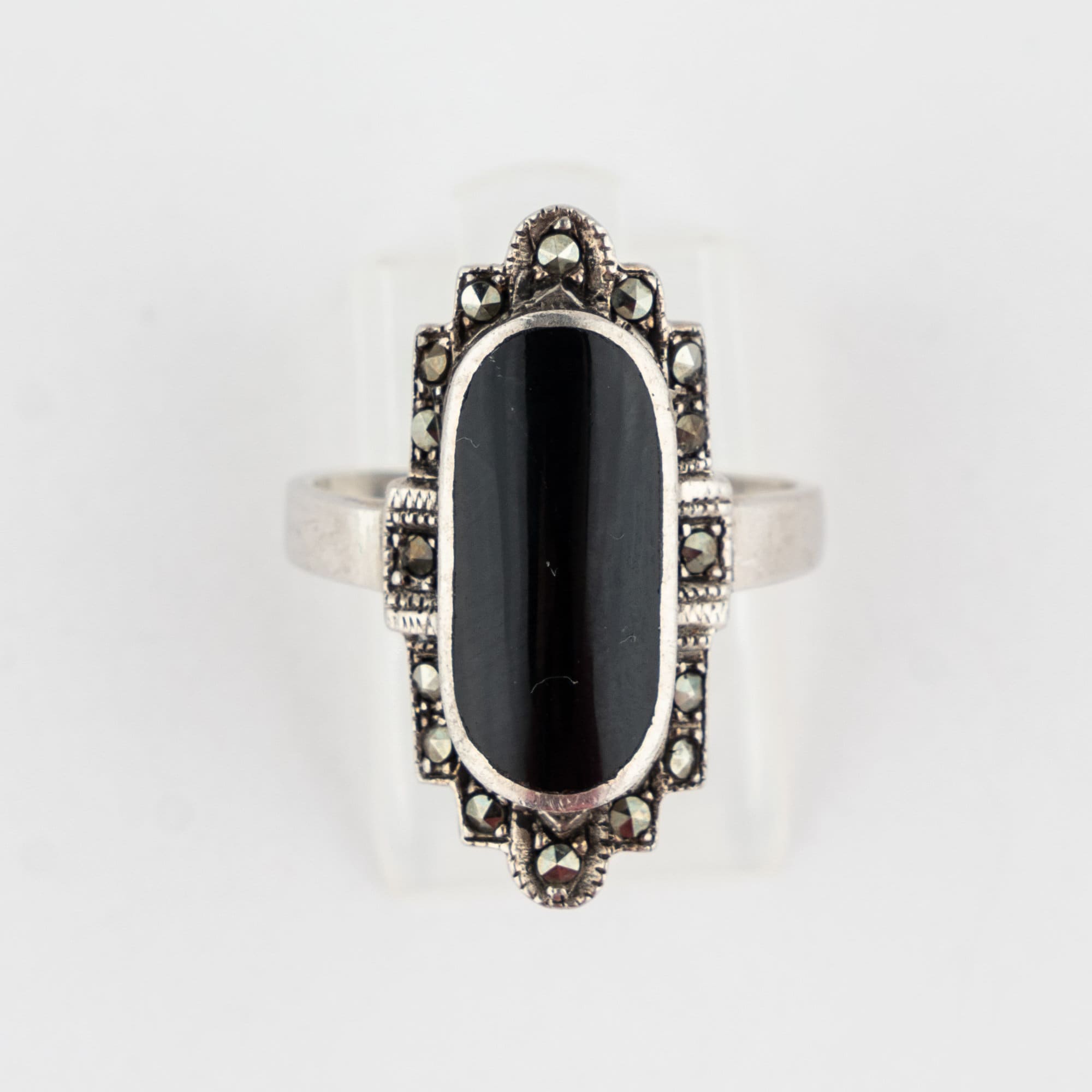 Vintage Art Deco Style Sterling Silver Onyx & Marcasite Ring