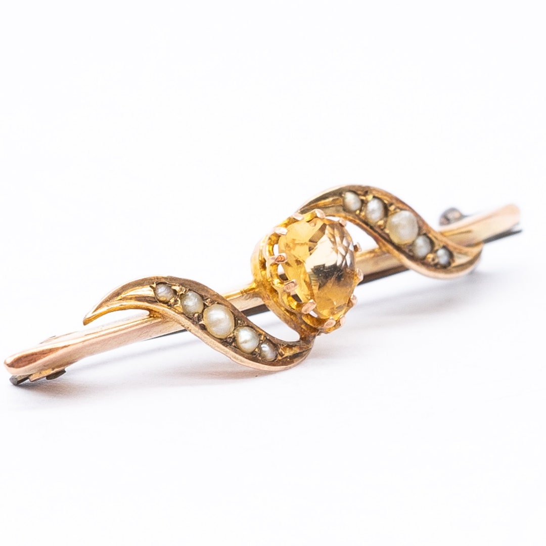Antique Edwardian Chester 9ct Rose Gold Citrine Heart Seed Pearl Brooch ...