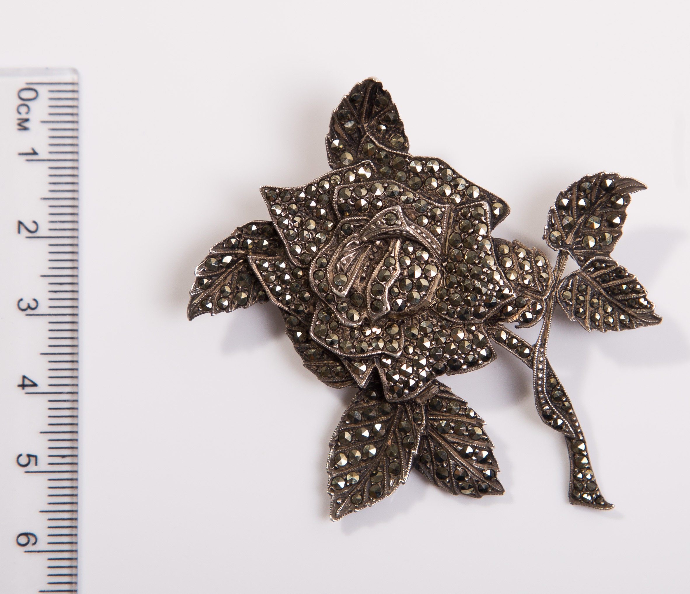 Vintage C1940s Sterling Silver & Marcasite Rose Flower Brooch