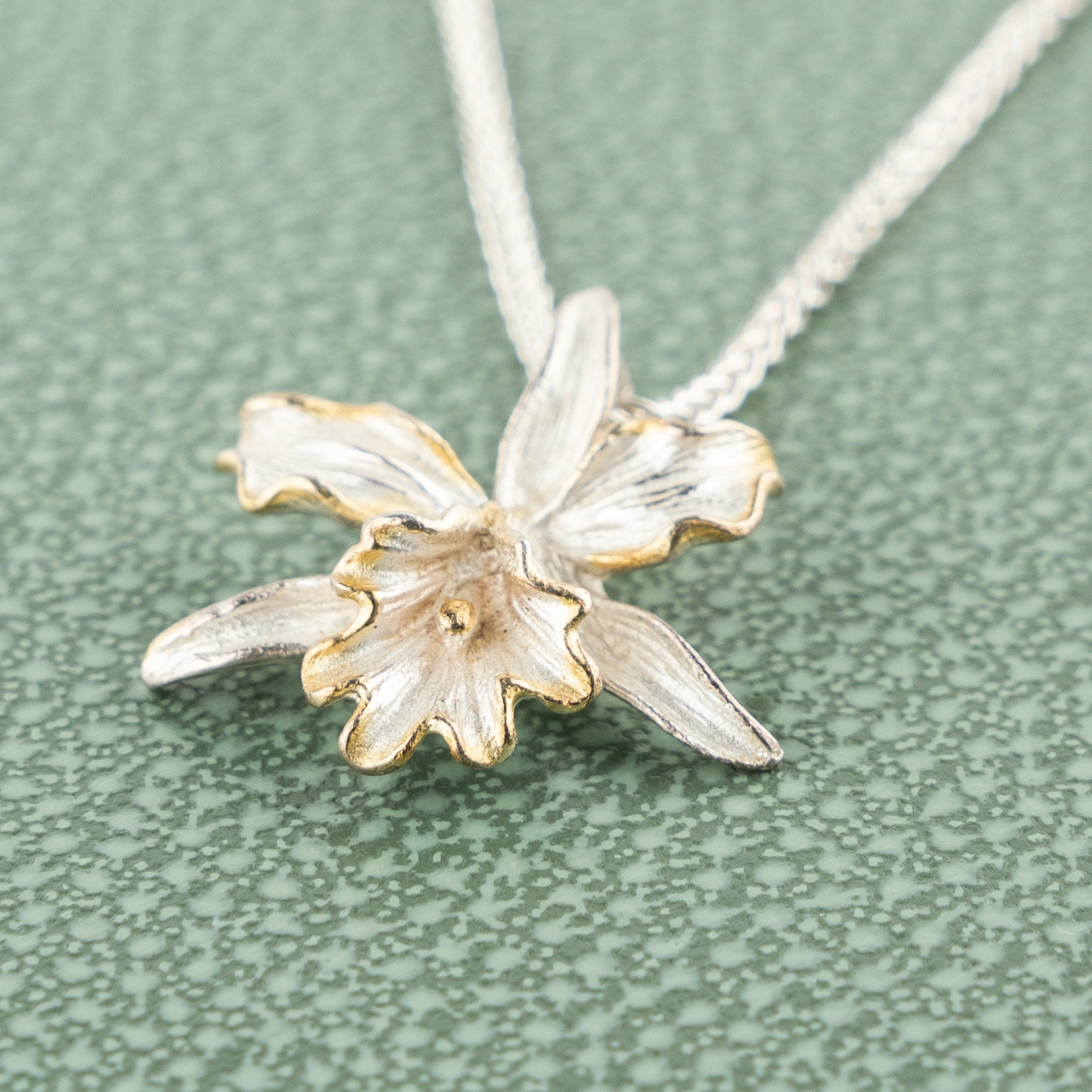 Vintage Sterling Silver Orchid Pendant Fox Chain Necklace