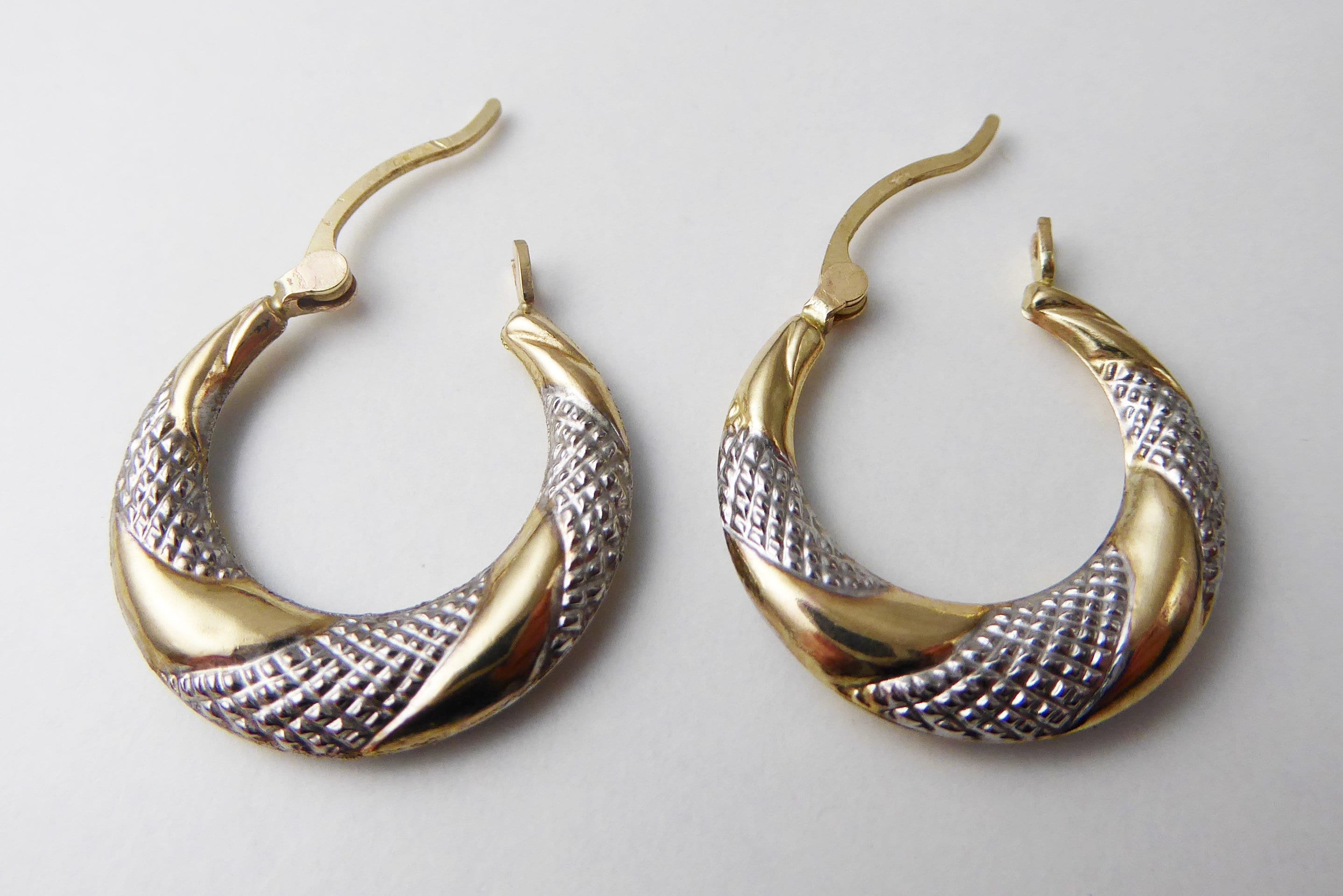 9ct Gold Creole Earrings / Yellow & White Gold / Vintage