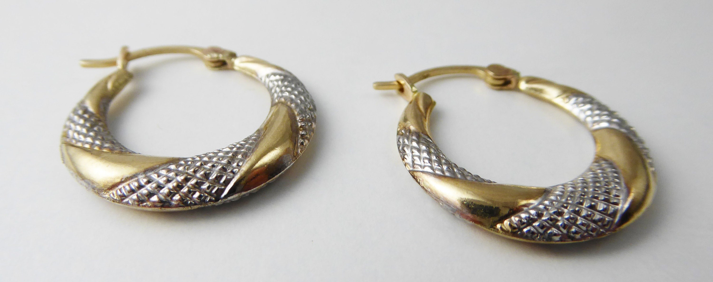 9ct Gold Creole Earrings / Yellow & White Gold / Vintage