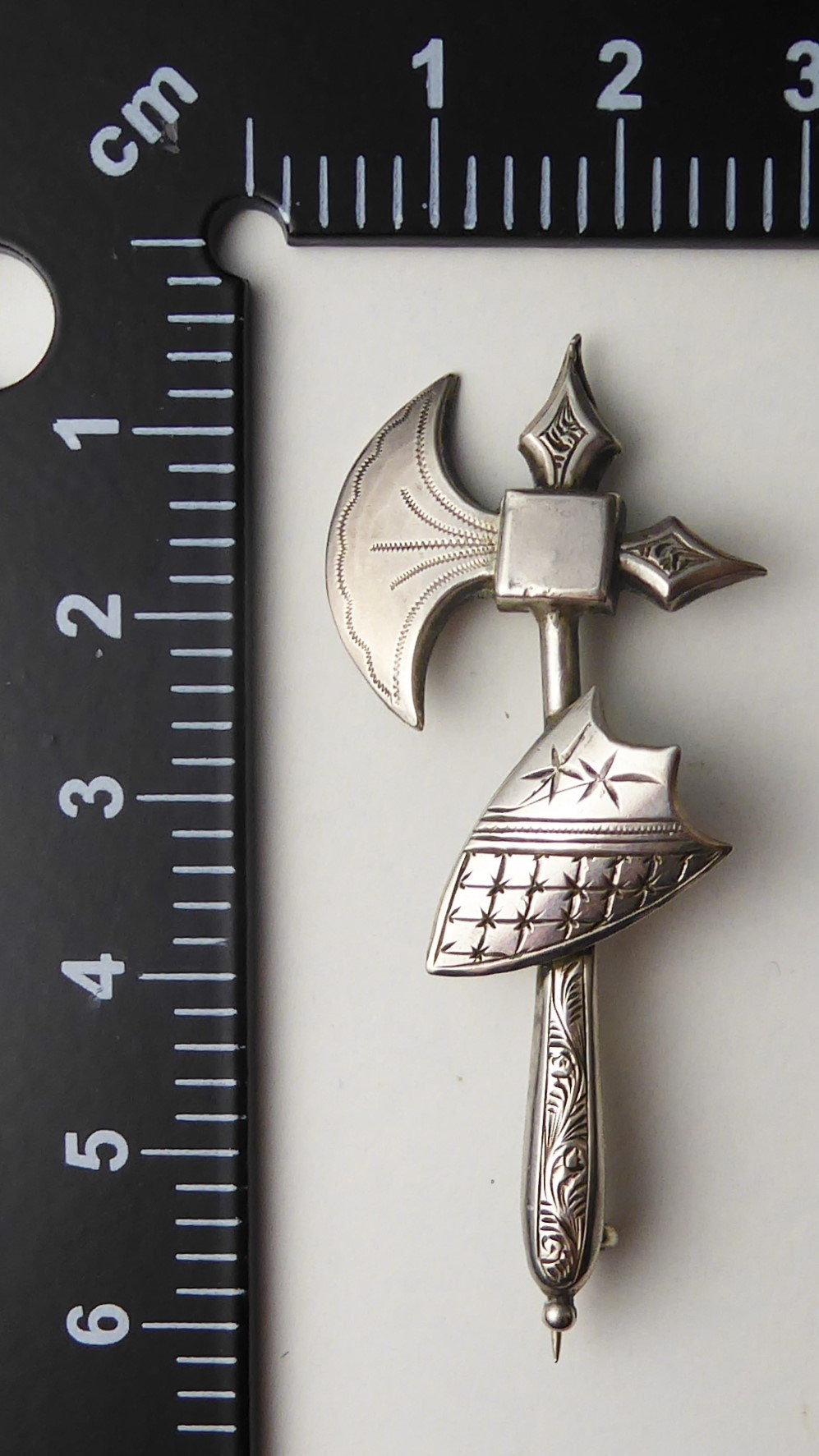 Antique Victorian Sterling Silver Axe Shield Brooch