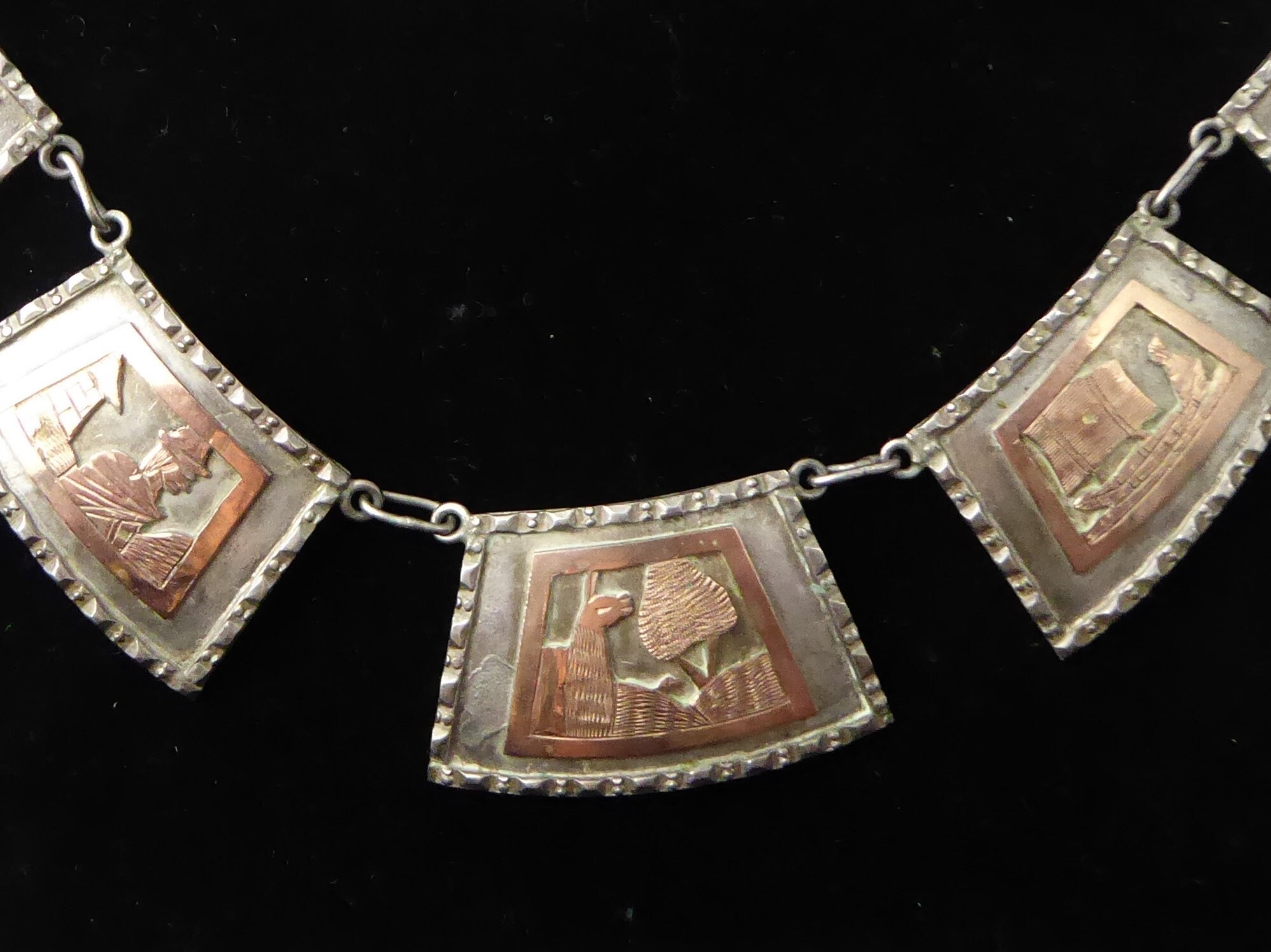 Vintage Silver & Rose Gold Peru Peruvian Inca Panel Necklace