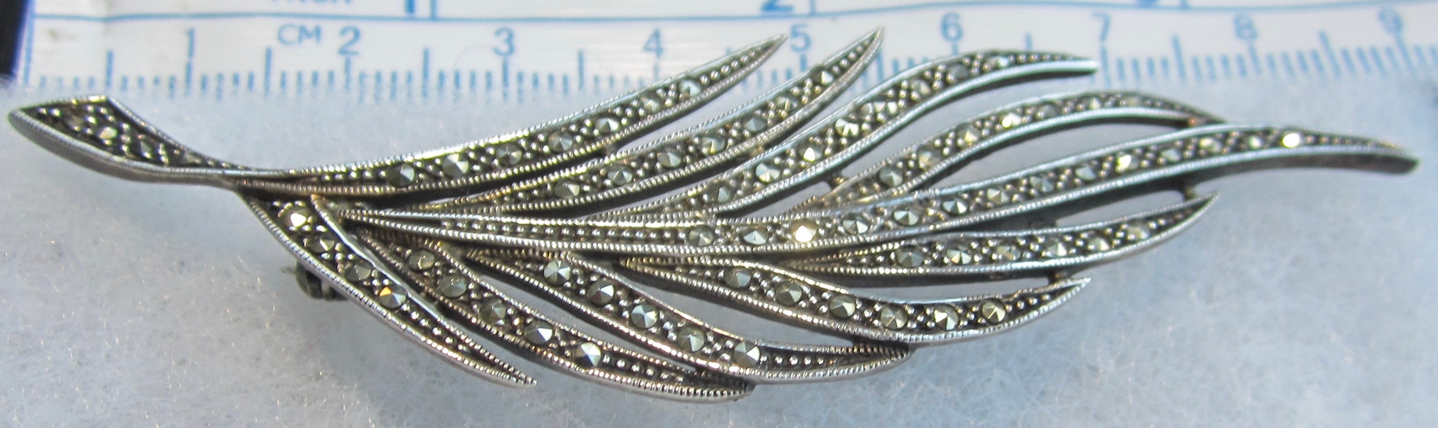 Vintage Sterling Silver Marcasite Leaf Brooch