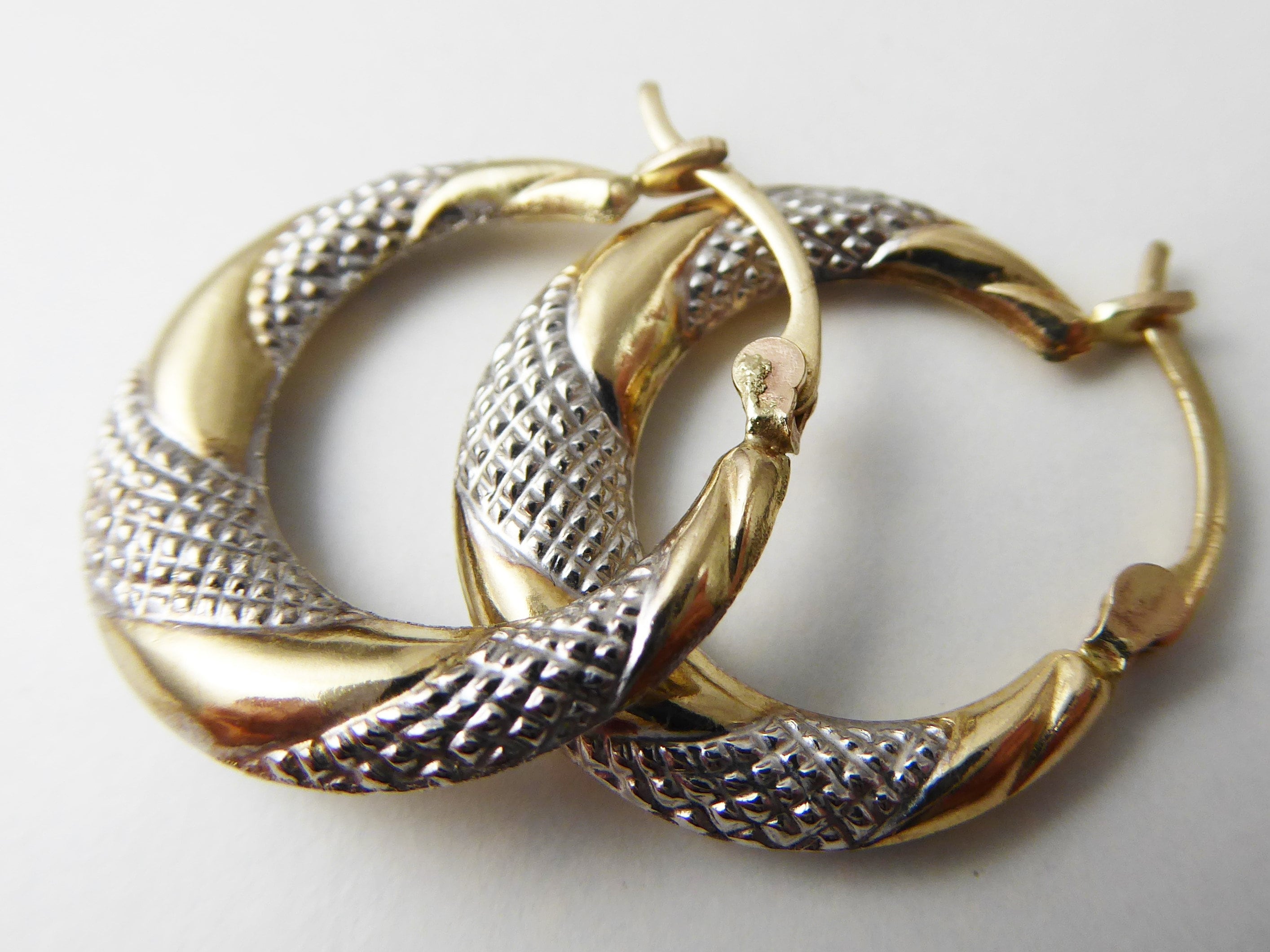 9ct Gold Creole Earrings / Yellow & White Gold / Vintage