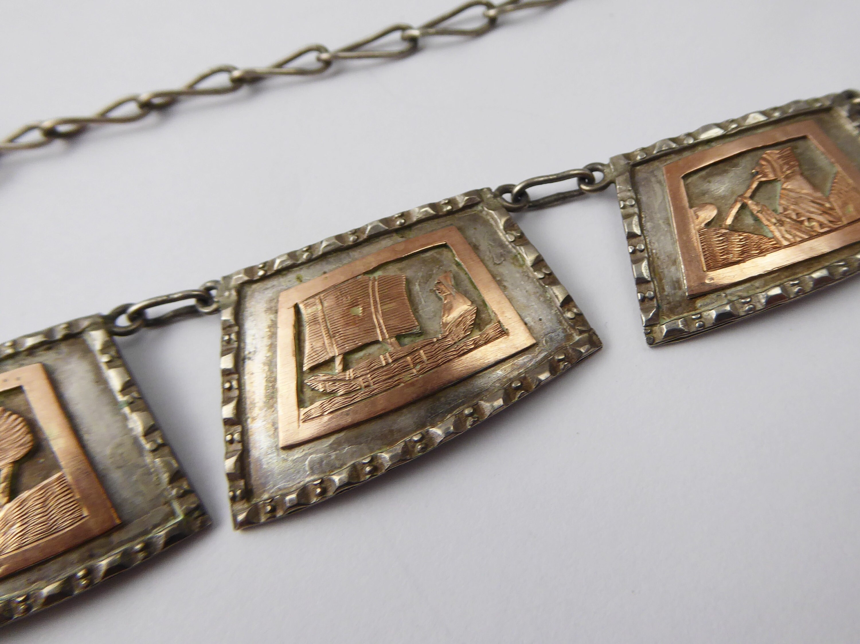 Vintage Silver & Rose Gold Peru Peruvian Inca Panel Necklace