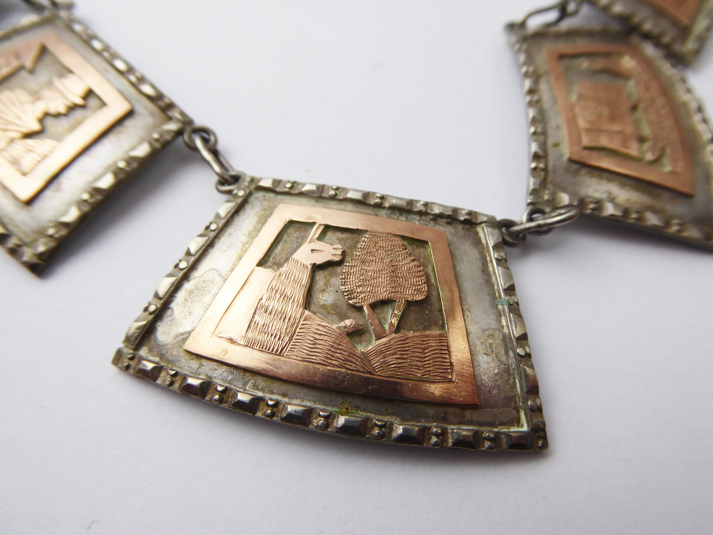 Vintage Silver & Rose Gold Peru Peruvian Inca Panel Necklace