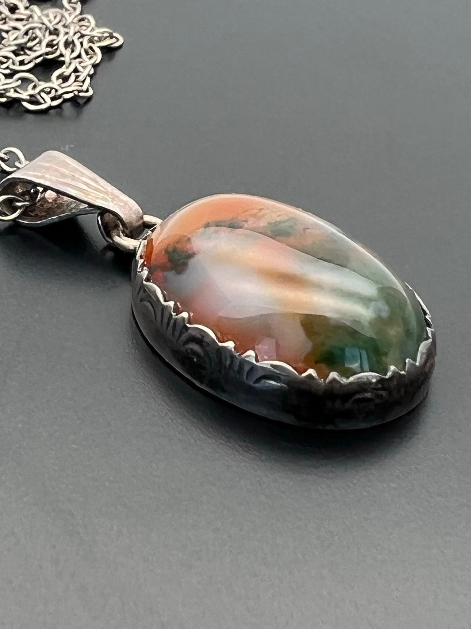 Antique Art Deco Sterling Silver Moss Agate Pendant Necklace - Etsy