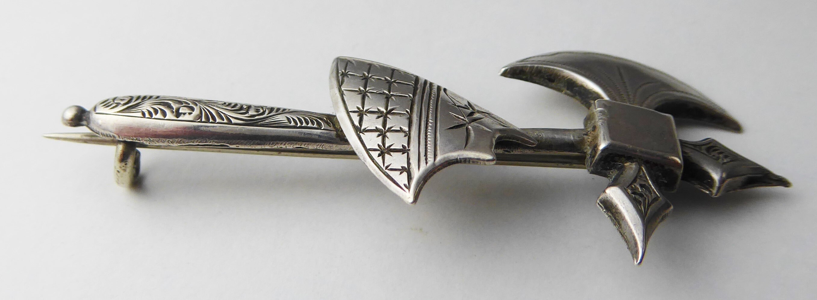 Antique Victorian Sterling Silver Axe Shield Brooch
