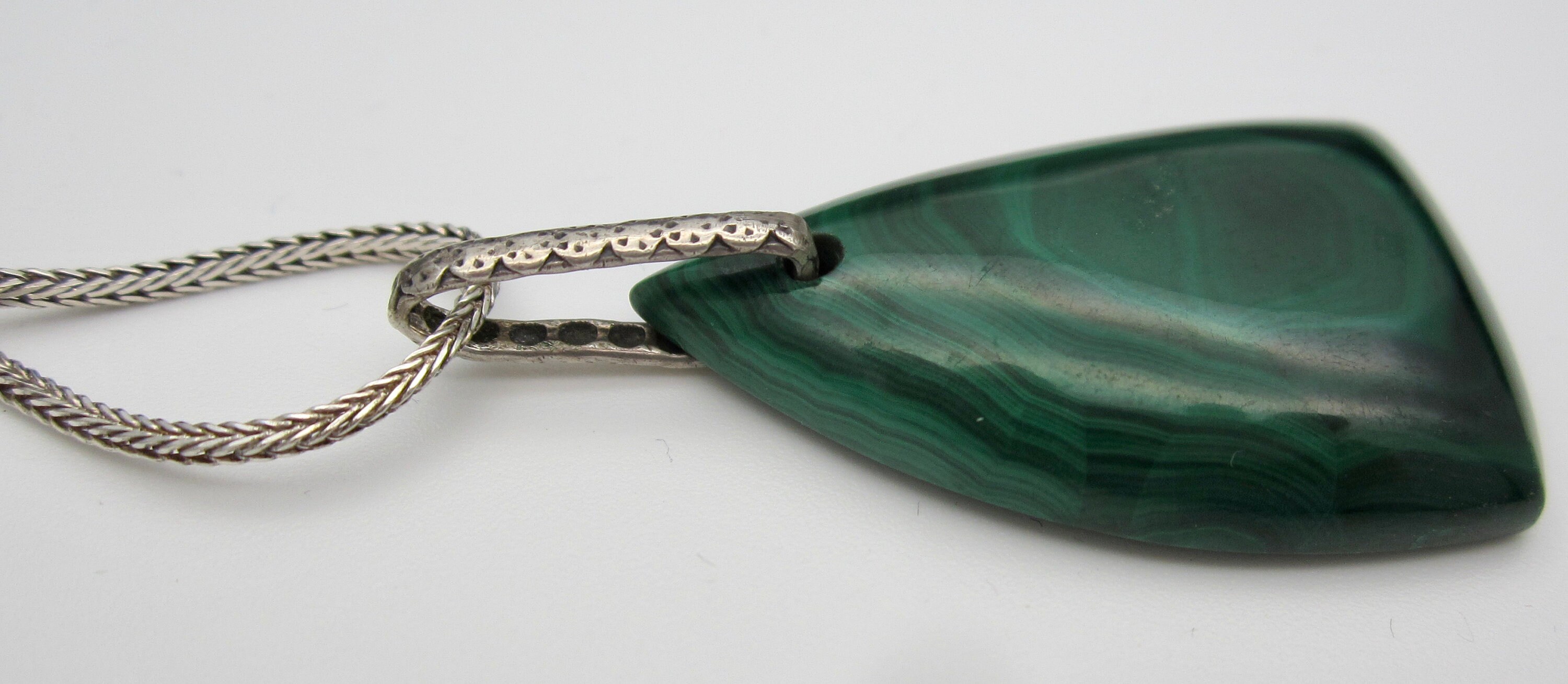 Vintage Sterling Silver Malachite Fox Chain Pendant Necklace