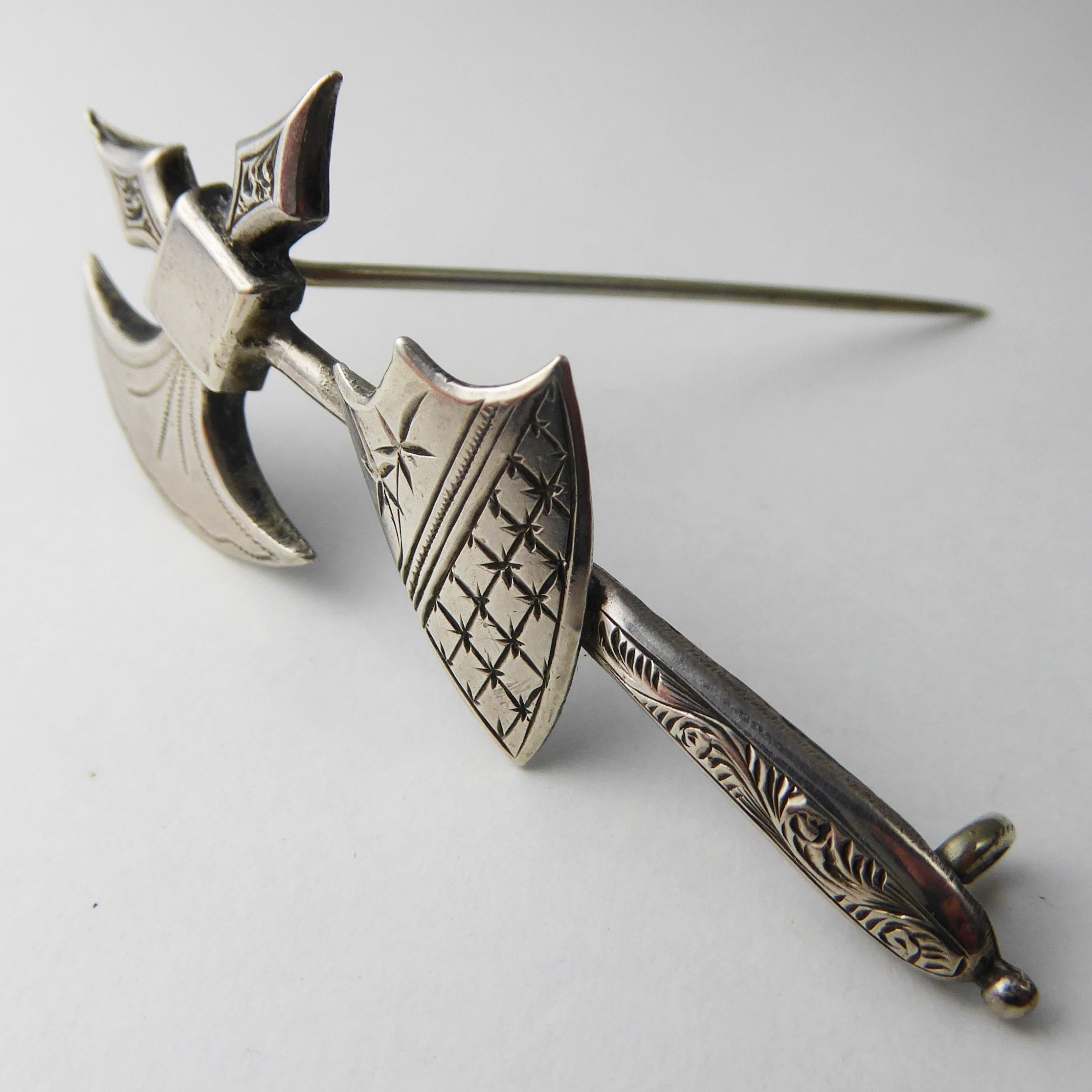 Antique Victorian Sterling Silver Axe Shield Brooch