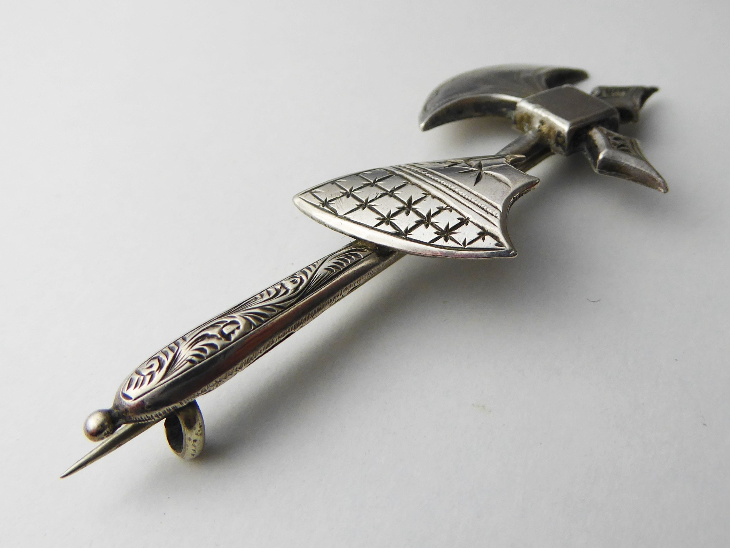 Antique Victorian Sterling Silver Axe Shield Brooch