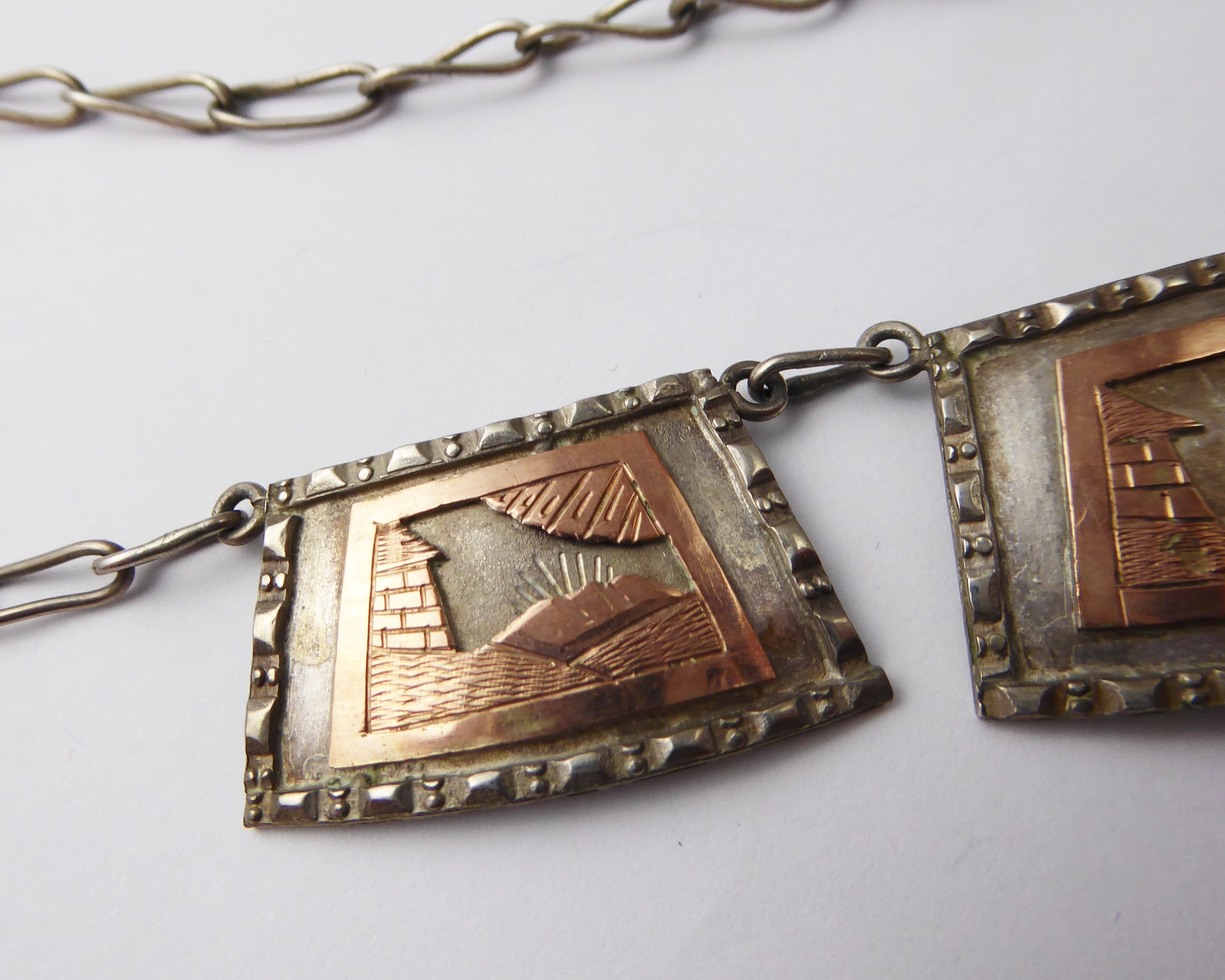 Vintage Silver & Rose Gold Peru Peruvian Inca Panel Necklace