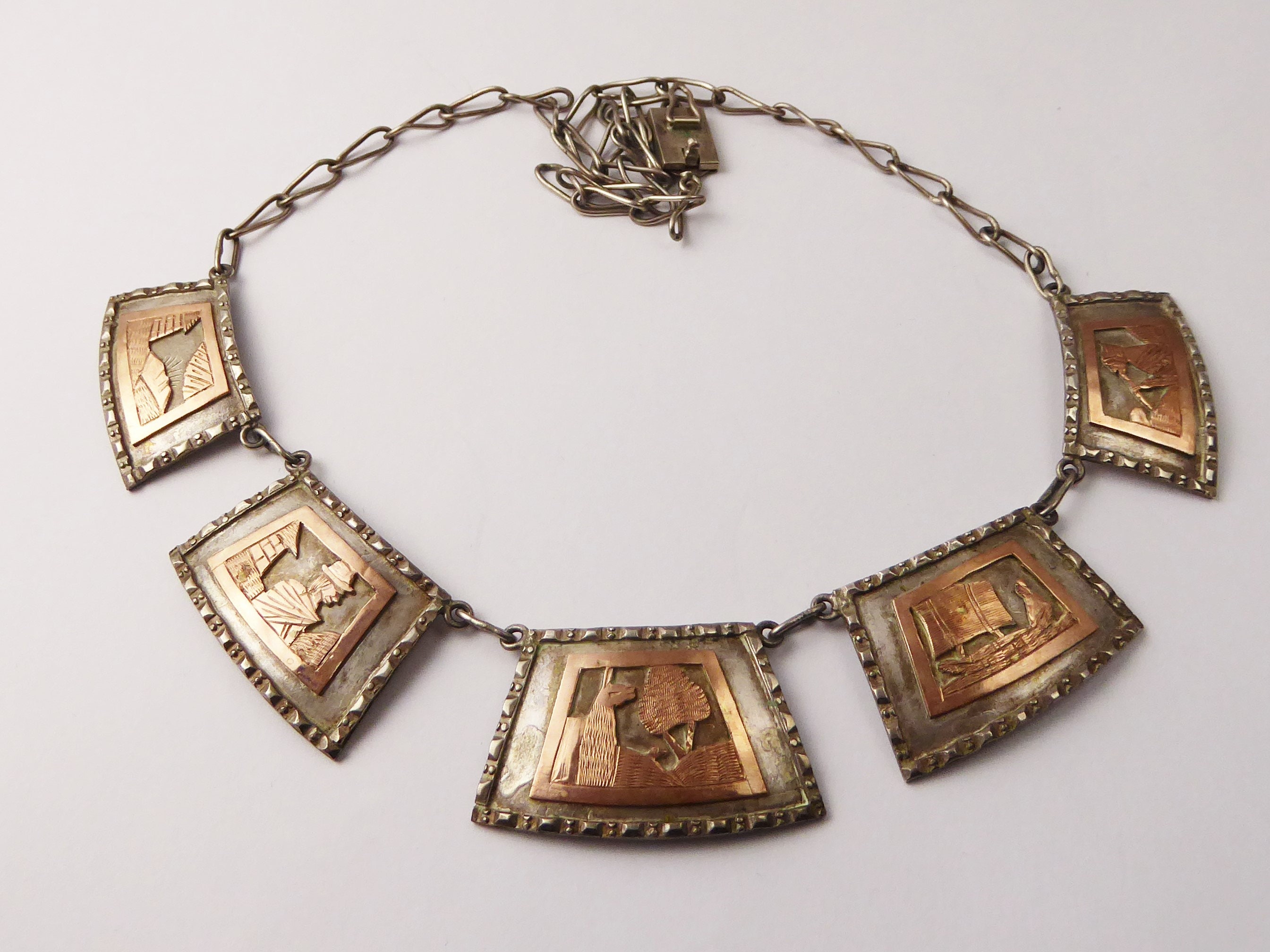 Vintage Silver & Rose Gold Peru Peruvian Inca Panel Necklace