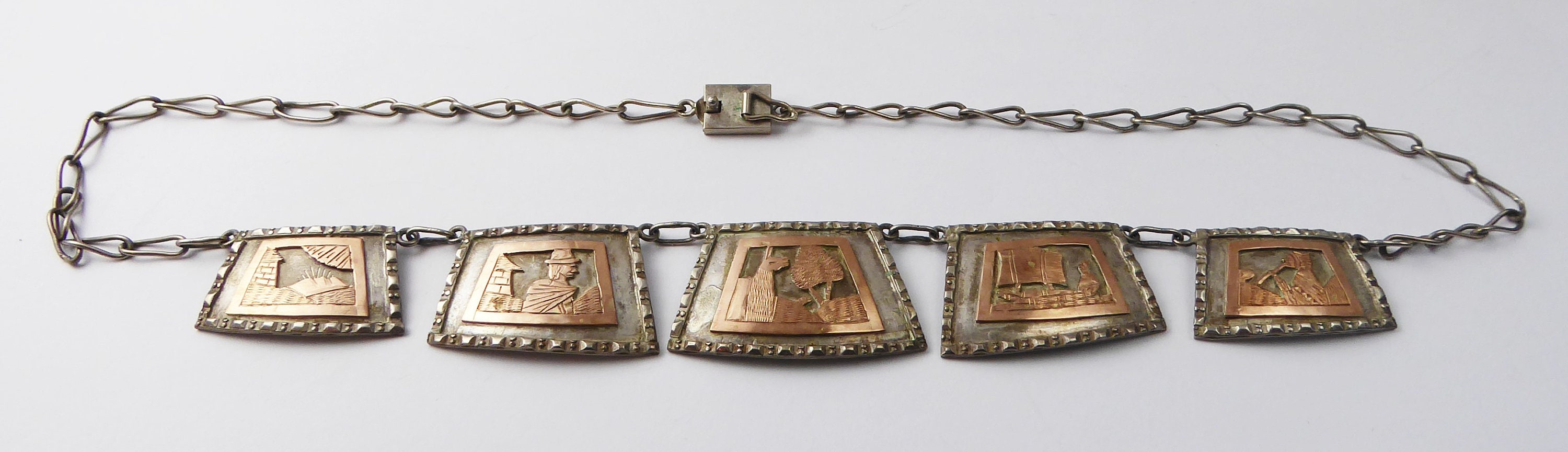 Vintage Silver & Rose Gold Peru Peruvian Inca Panel Necklace