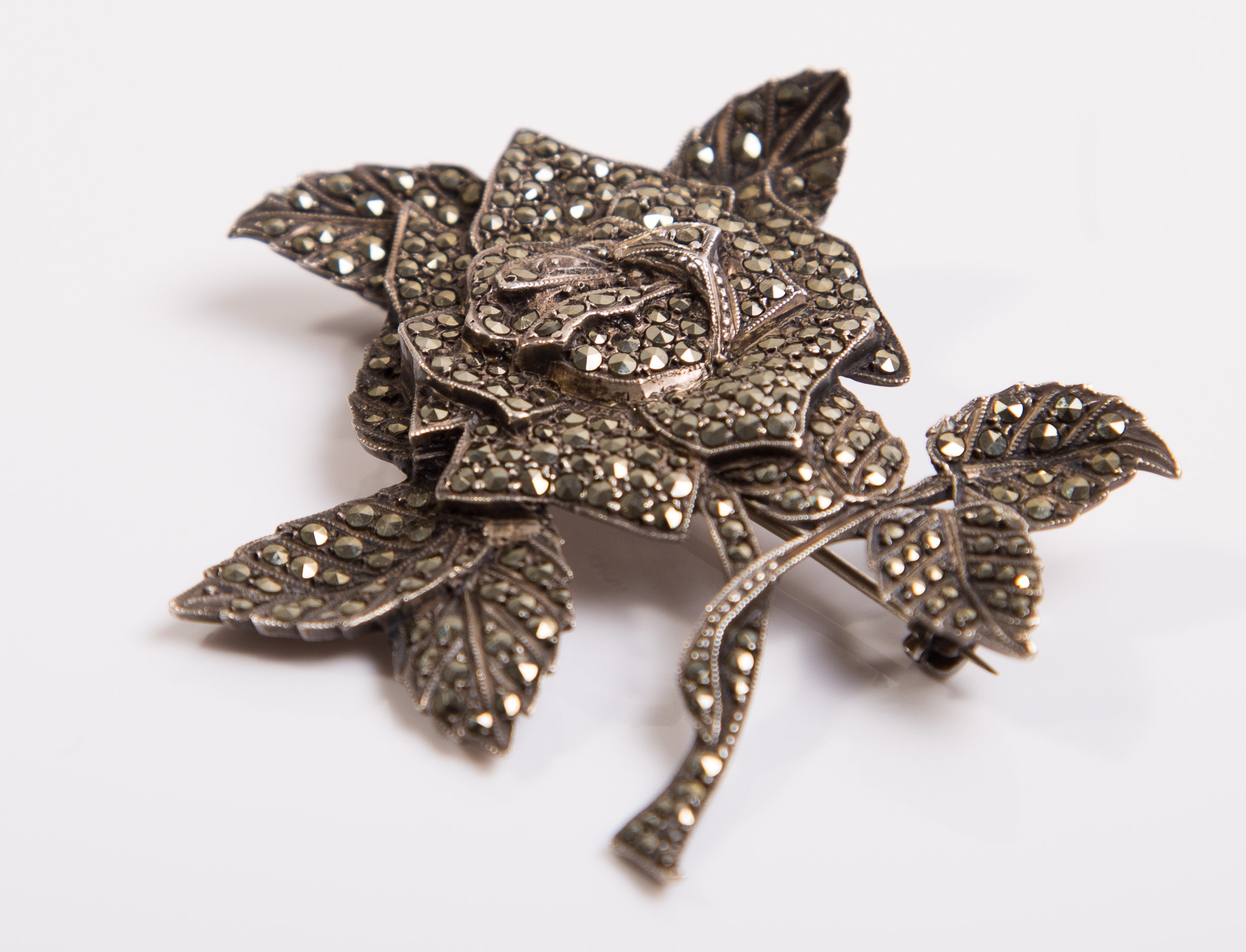 Vintage C1940s Sterling Silver & Marcasite Rose Flower Brooch