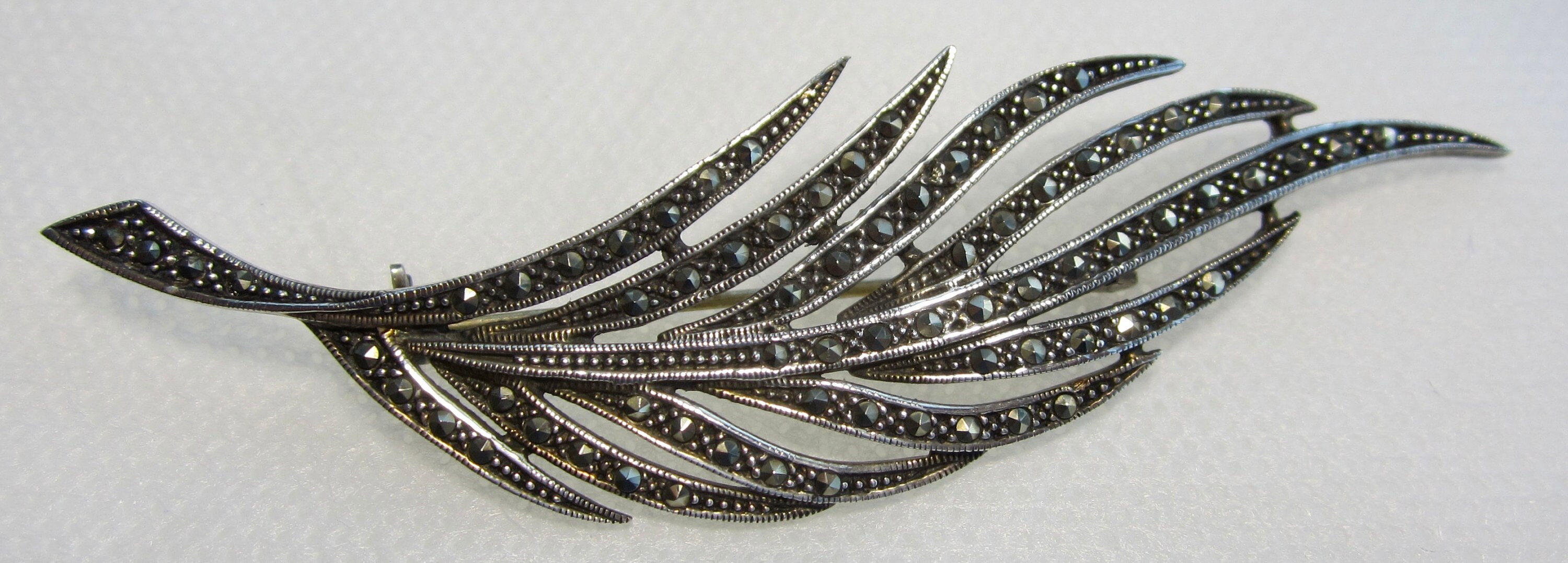 Vintage Sterling Silver Marcasite Leaf Brooch