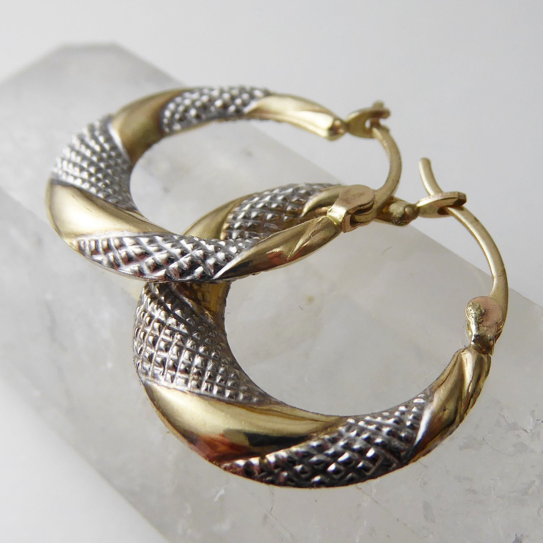 9ct Gold Creole Earrings / Yellow & White Gold / Vintage