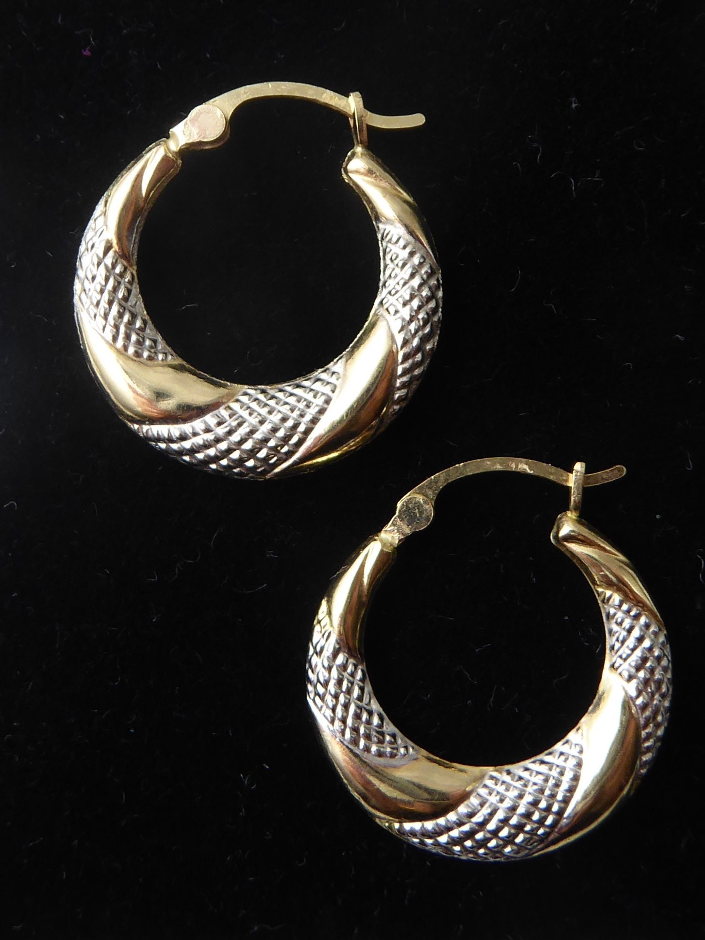9ct Gold Creole Earrings / Yellow & White Gold / Vintage