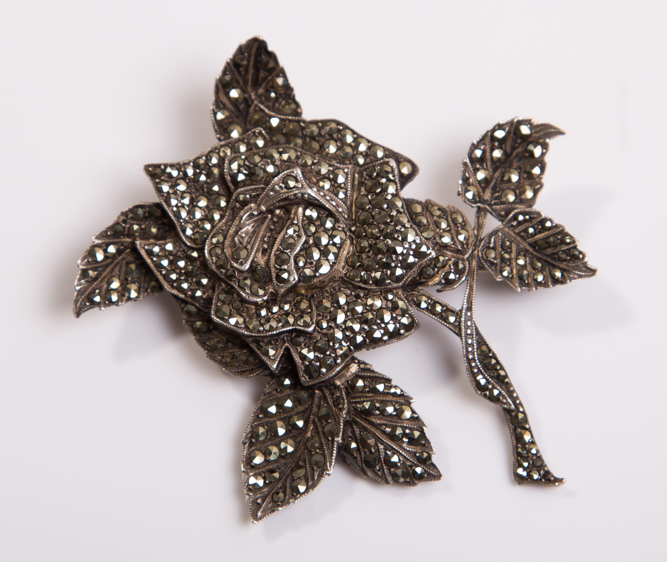 Vintage C1940s Sterling Silver & Marcasite Rose Flower Brooch