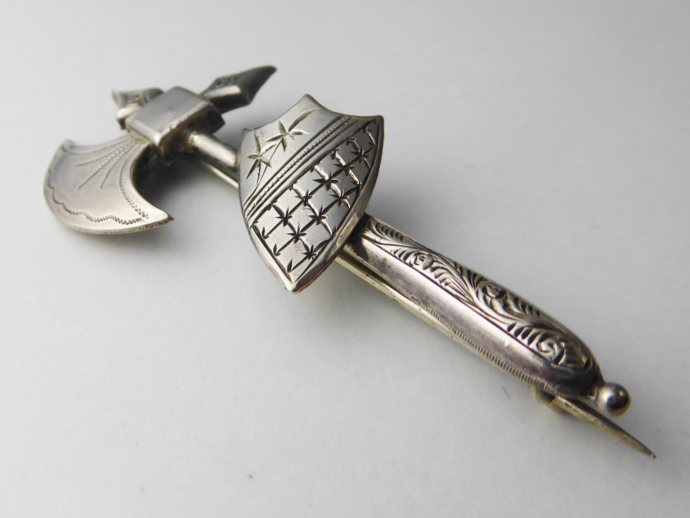 Antique Victorian Sterling Silver Axe Shield Brooch