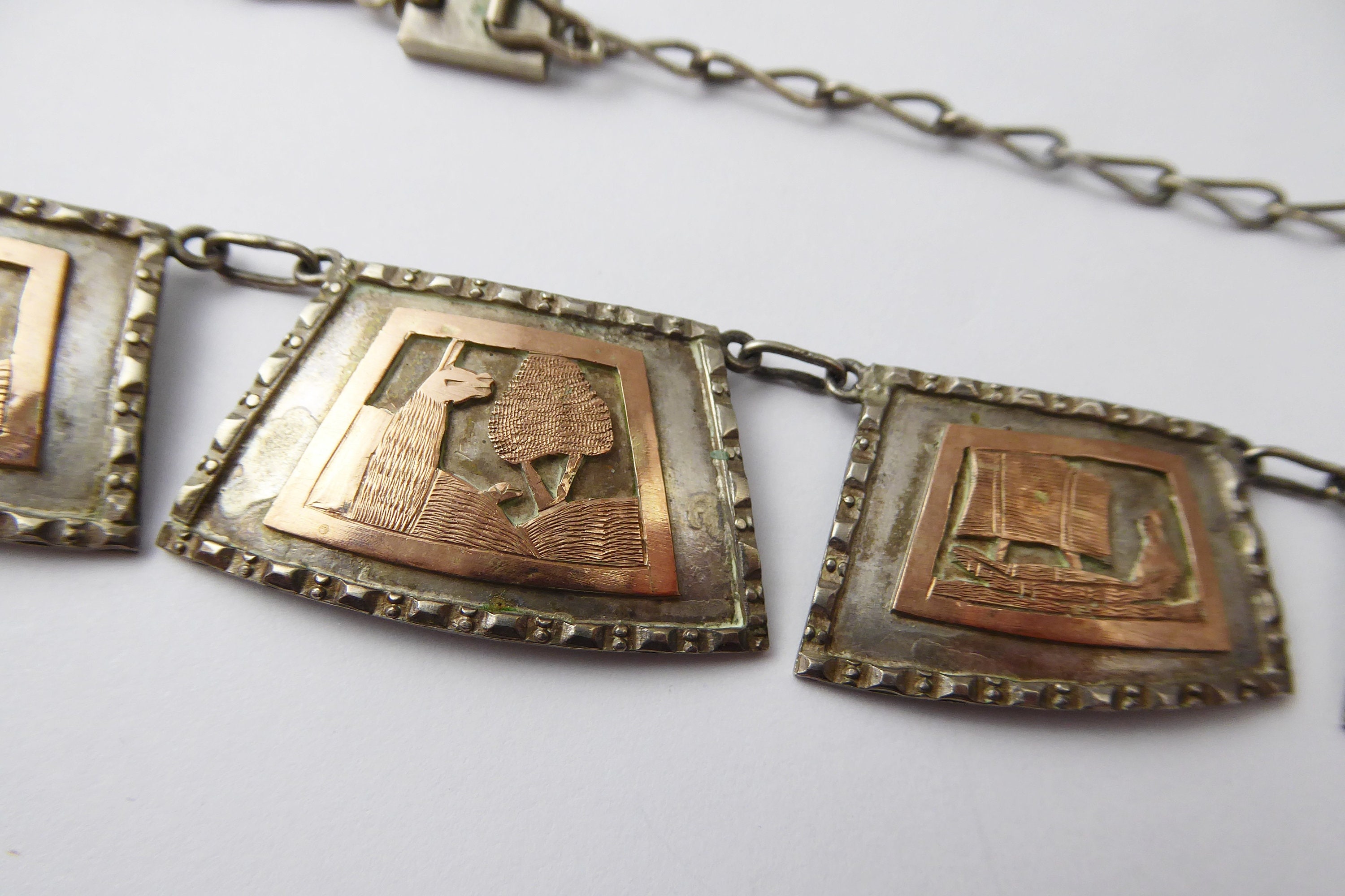 Vintage Silver & Rose Gold Peru Peruvian Inca Panel Necklace