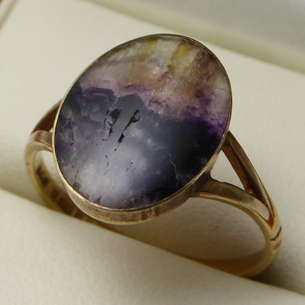 Vintage C1970s 9ct Yellow Gold & Derbyshire Blue John Ring