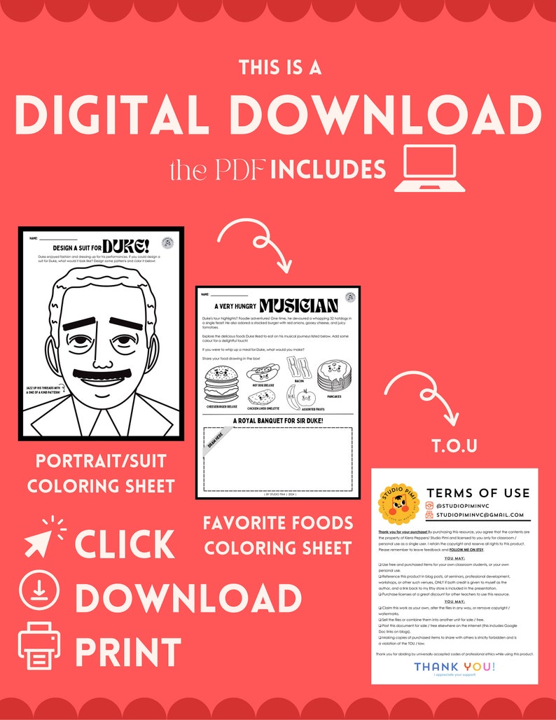 Duke Ellington Coloring Pages for Music Classroom, International Jazz ...