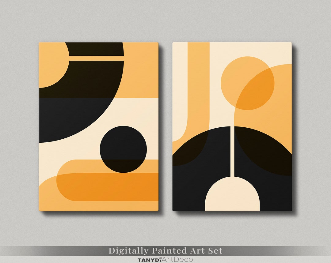 Yellow Orange & Black Tone, Bauhaus Simple Geometry, Set of 2 Modern ...
