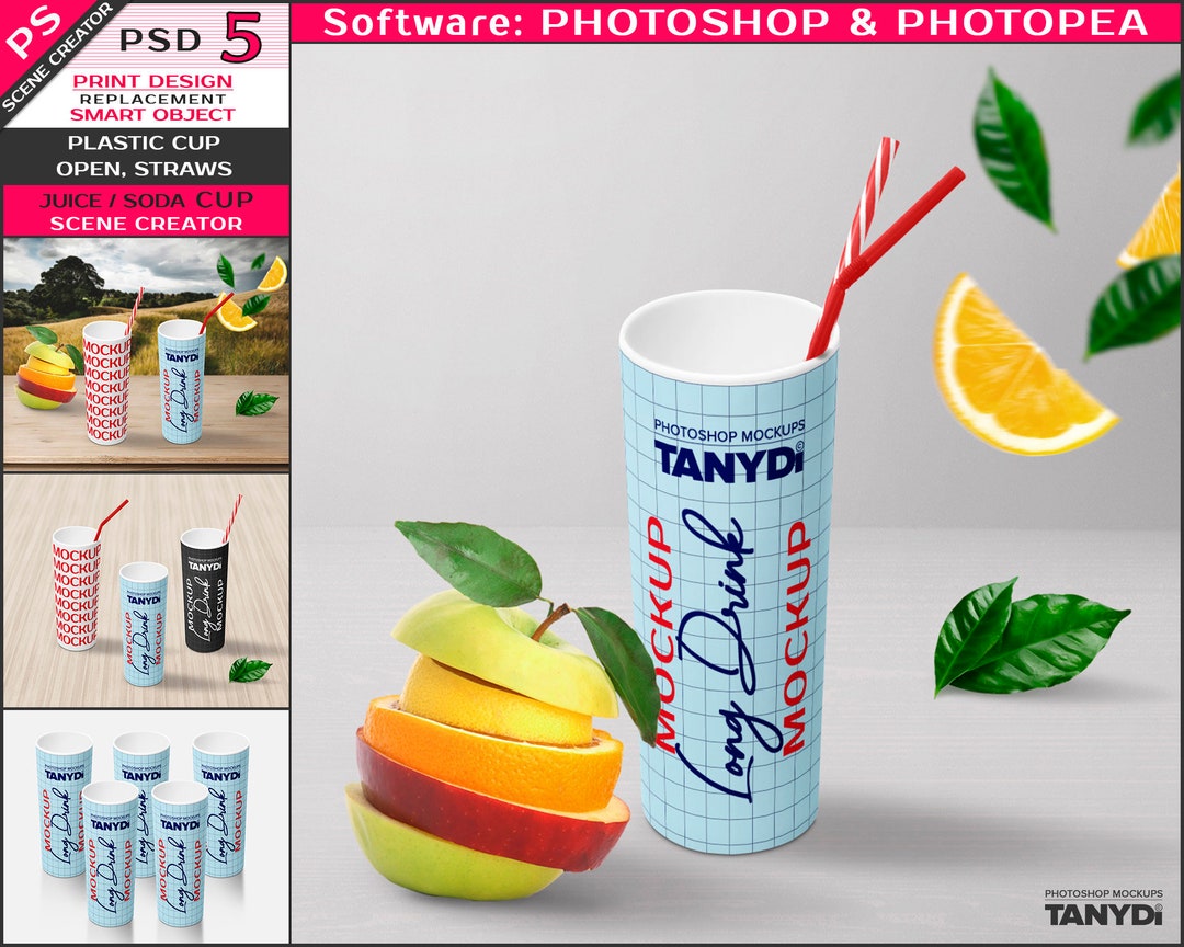 Long Drink Cup PC-5, White Open Plastic Cup With Straw, Photoshop ...