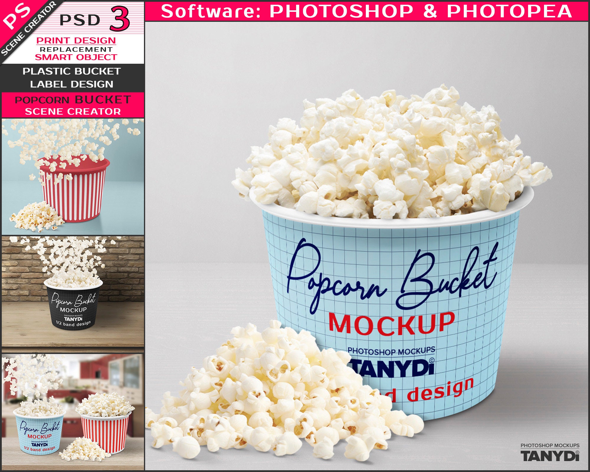 Popcorn Bucket, Photoshop Photopea Label Mockup, Plastic Bucket / Pot ...