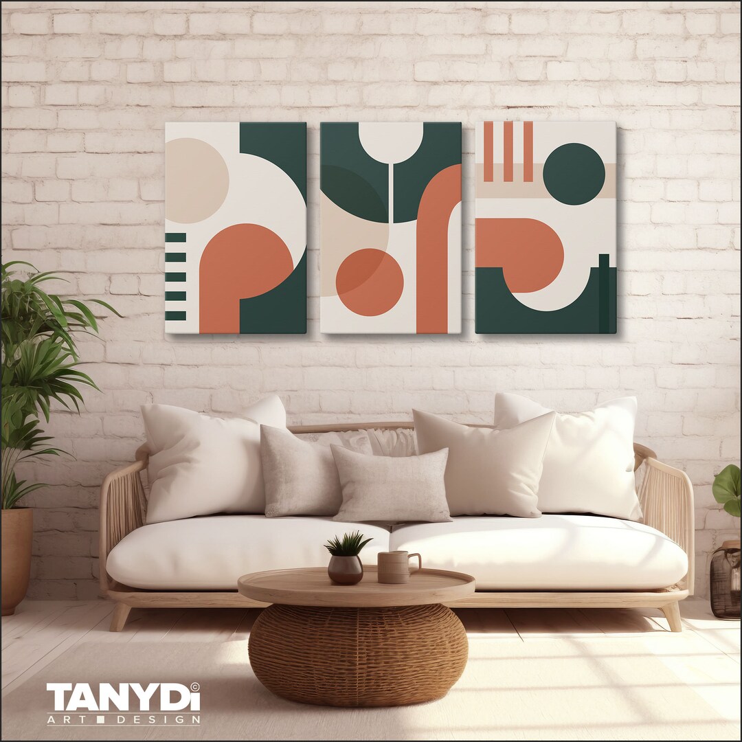 Green Beige Terracotta, Set of 3 Bauhaus Simple Geometry Art, Mid ...