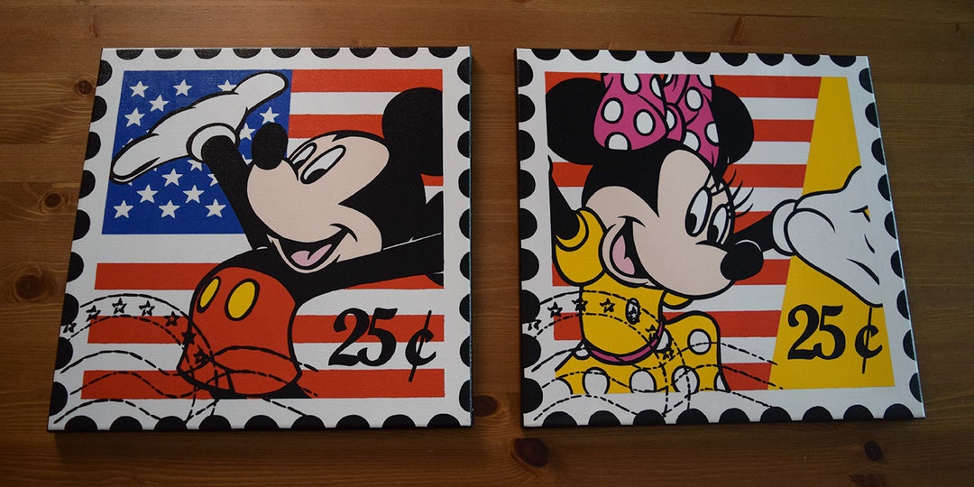 Mickey Mouse & Minnie Post Stamp Hand Painted Pop Art Canvas - Etsy