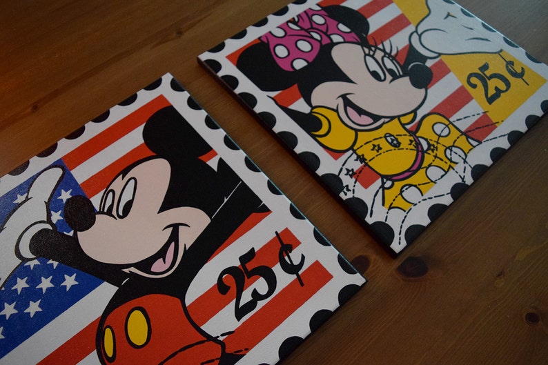 Mickey Mouse & Minnie Post Stamp pop art canvas dipinto a | Etsy
