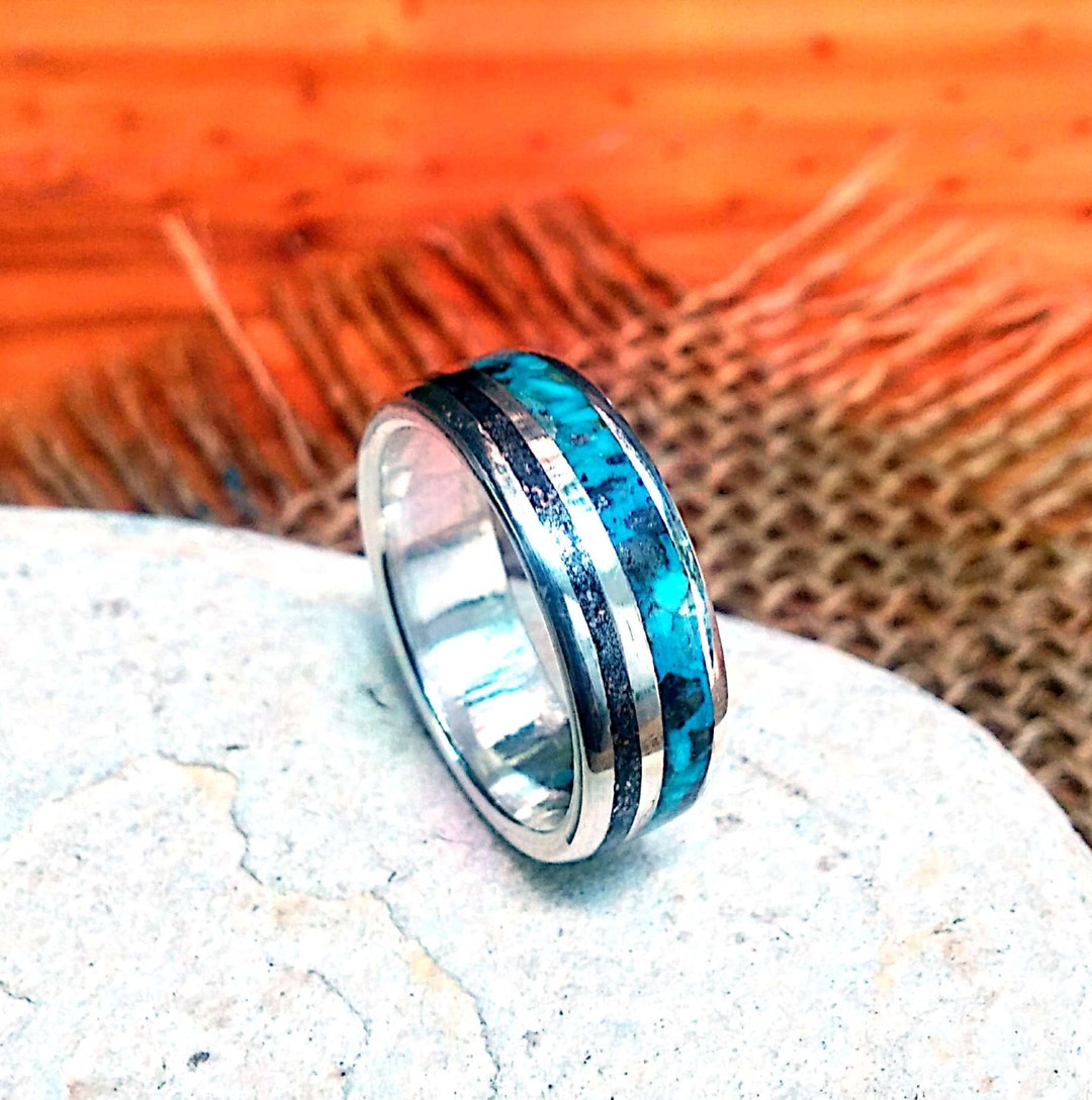 Turquoise Meteorite Inlay Sterling Ring Band. 2mm Thickness. 7mm, 10mm ...