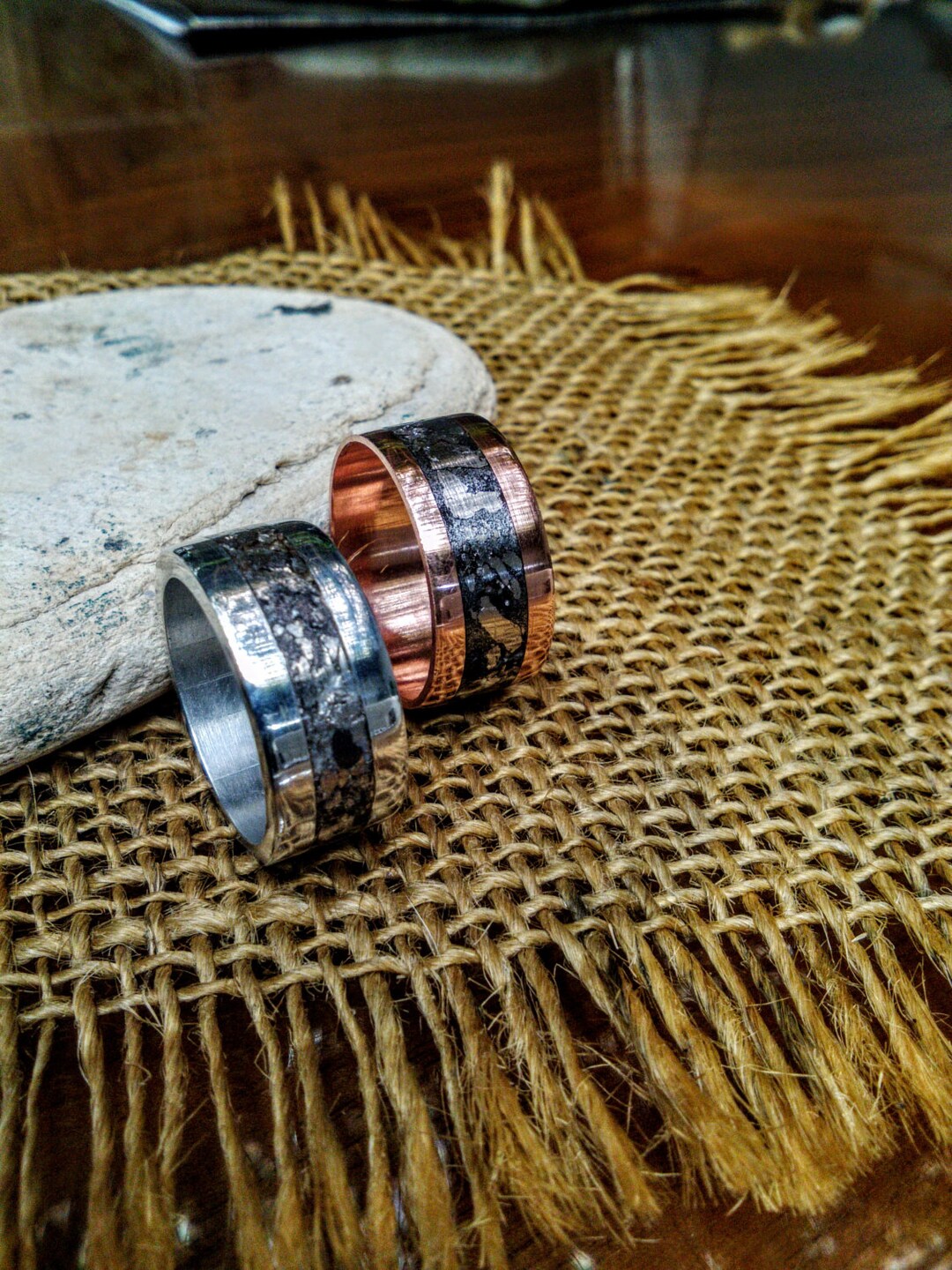 Grey Silver Copper Ring. Bismuth Metallic Stone Inlaid. 6-12mm Wide. 1 ...