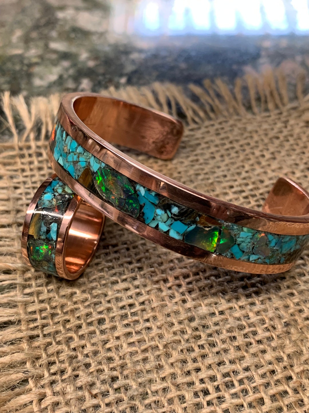 Mixed Stones Copper Cuff and Ring Set. 1/2" Wide Cuff and 10 Mm Wide ...
